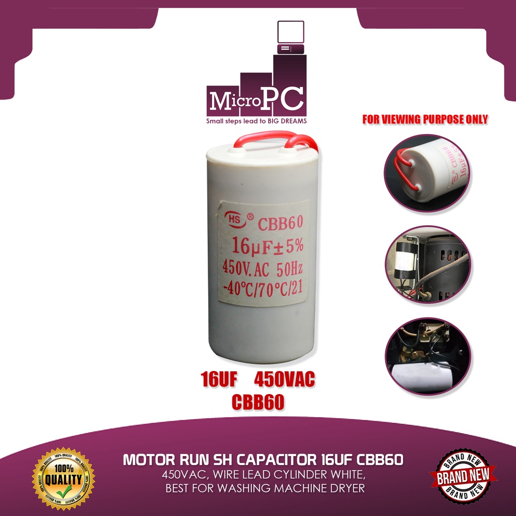 MOTOR RUN SH CAPACITOR 16UF CBB60 450VAC, WIRE LEAD CYLINDER WHITE ...