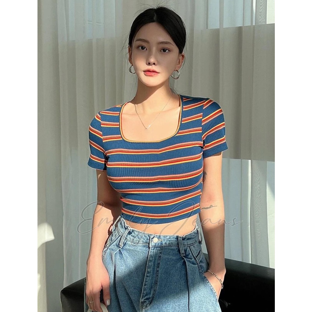 EMILY Striped Square Neck Crop Top Tee New Trend 10794 | Shopee Philippines