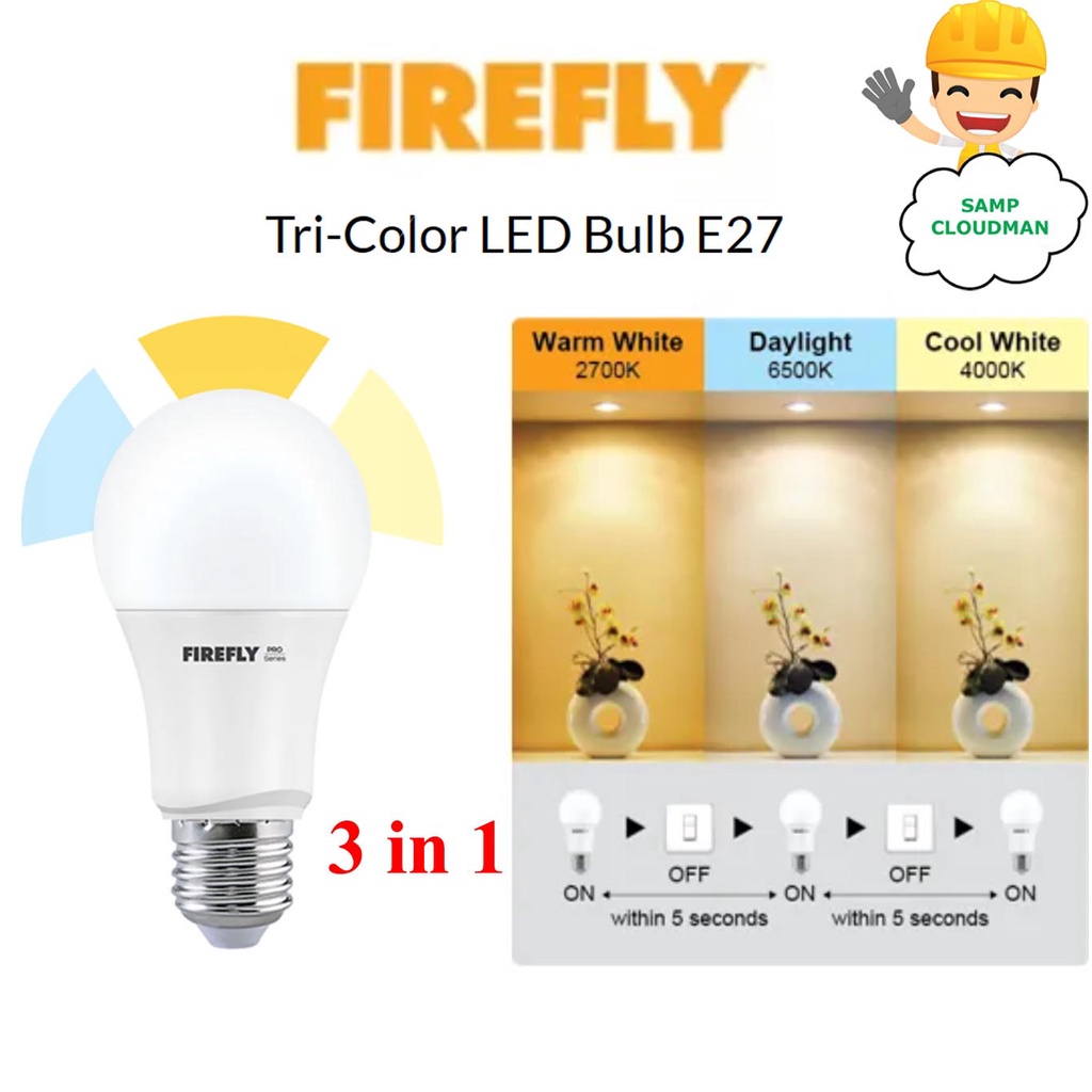 Firefly 3 in 1 Tri-Color LED Bulb 8 Watts tricolor E27 Daylight Warm ...