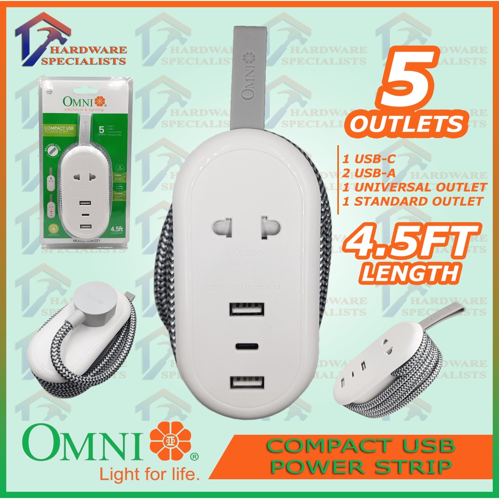 Omni Compact USB Power Strip Extension 5 Outlets 4.5FT Cord Length USB ...