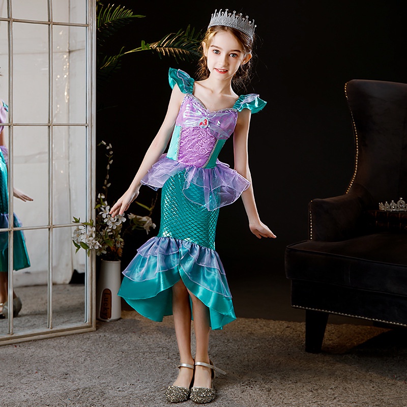 Mermaid Costume Green Purple Dress For Kids Girl Ariel Fishtail Mesh ...