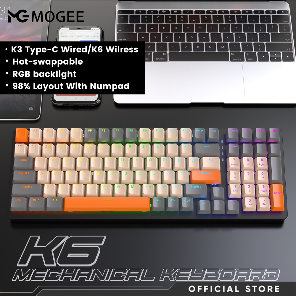 MOGEE K3 K6 Shimmer 98 Keys Mechanical Type-C Wired Gaming Keyboard ...