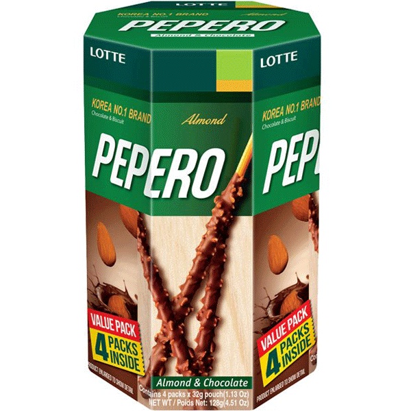[value Pack] Lotte Pepero Almond Chocolate And Biscuit Stick 4 X 32g