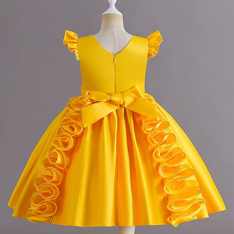 Girls Yellow Princess Dress Children Flower V-Neck Red Dress Birthday ...