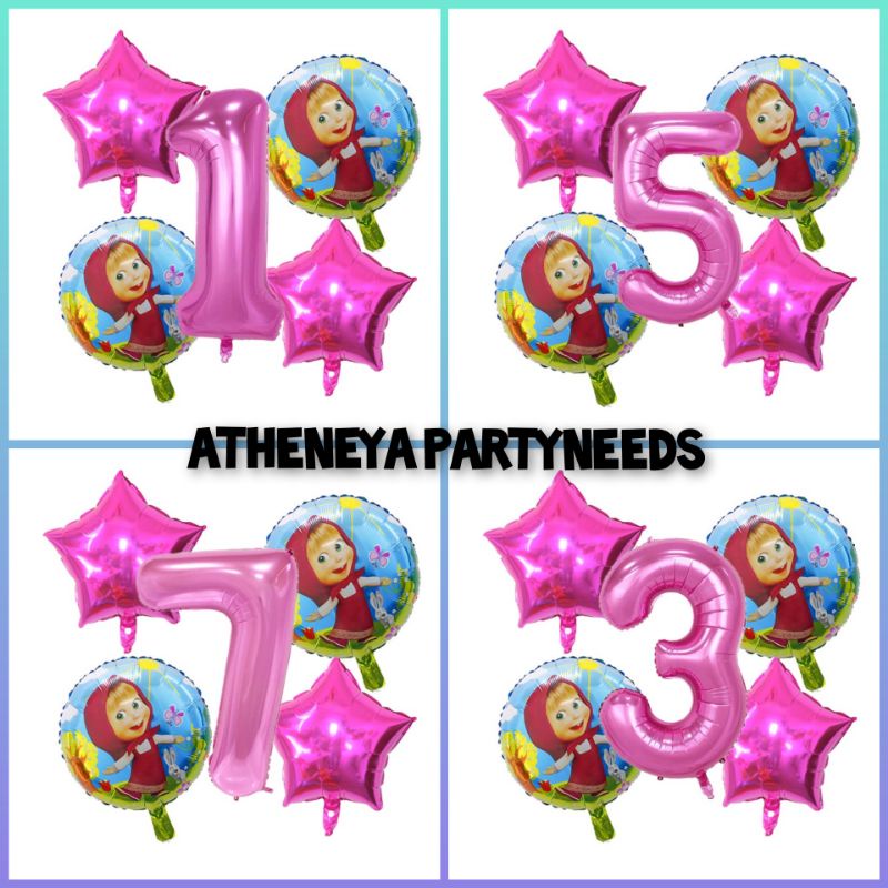 5in1 Masha and Bear Balloon with Big Number Pink 2ft | Masha Balloons ...