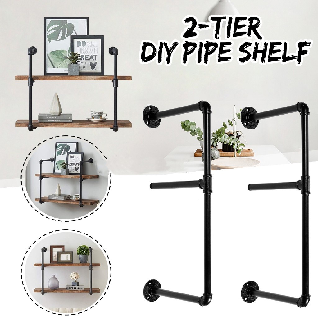 Industrial Farmhouse Black Iron Pipe Shelf Bracket Set for 2-Layer 3 ...