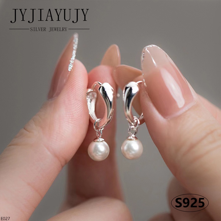 JYJIAYUJY 100% Sterling Silver S925 Drop Hoop Earrings Round 6MM White Shell Pearl Shape Korean ...