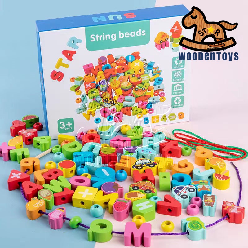 Educational Threading Toys Wooden Stringing Numbers Letters Cars Farm ...