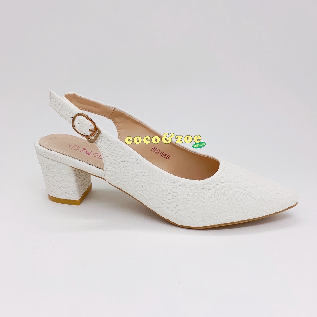 Women Pointed Closed Toe Slingback Chunky Heel Sandals White Lace ...