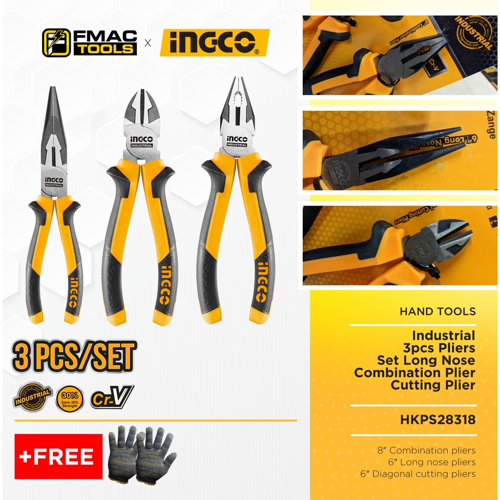 INGCO 3pcs Pliers Set Long Nose Combination Plier Cutting Plier ...