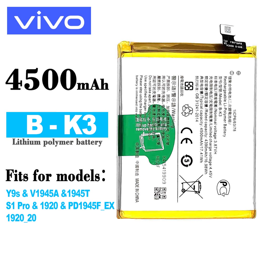 ☌Vivo S1 Pro Y9S Battery Model B-K3 4500mAh Original High Quality Li ...