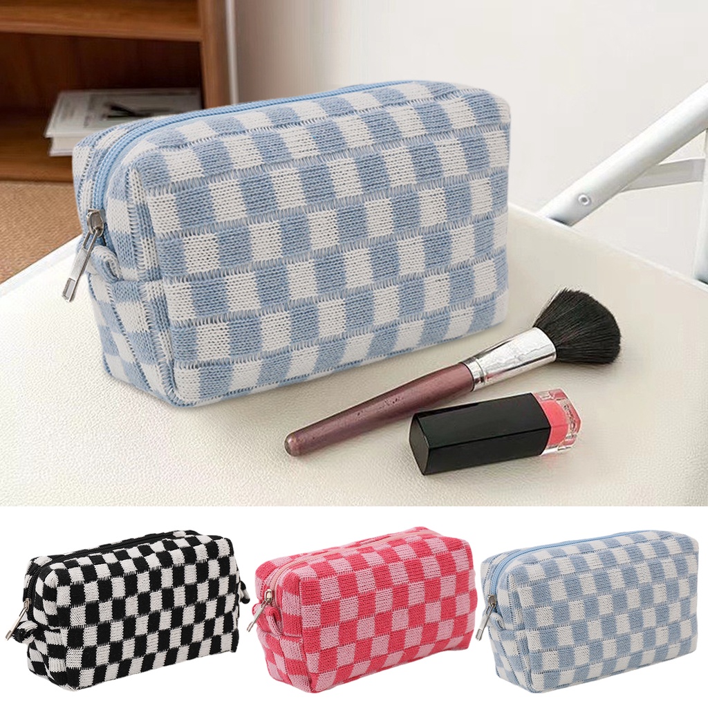 Checkerboard Knitted Makeup Bag Contrasting Color Wool Plaid Pencil ...