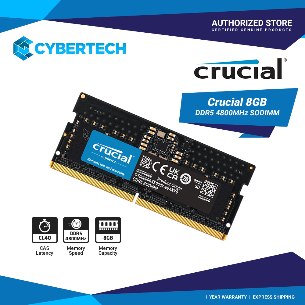 Crucial 8GB 262-Pin DDR5 SODIMM DDR5 4800Mhz (PC4 38400) Laptop Memory Model CT8G48C40S5 ...