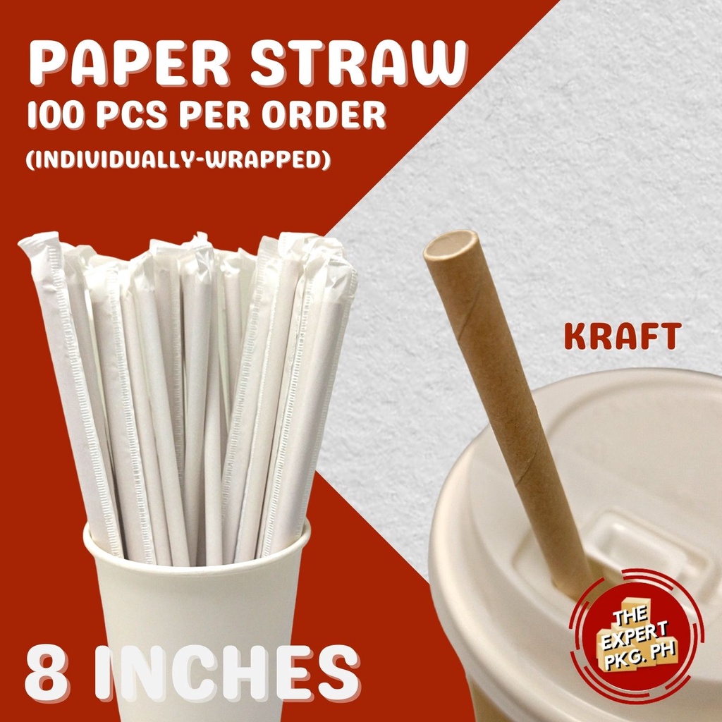 (100pcs) Paper Straw White / Kraft [6mmx8inches] Drinking Straw ...
