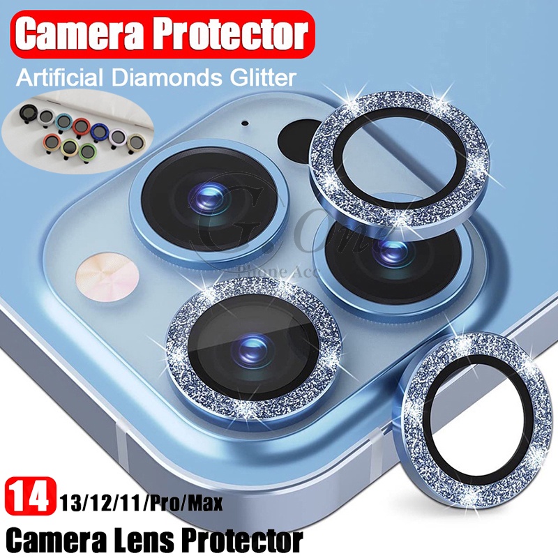 For iPhone 11 12 13 14 Pro Max 13Mini Diamond Glitter Rear Camera Lens Protector Ring Tempered ...