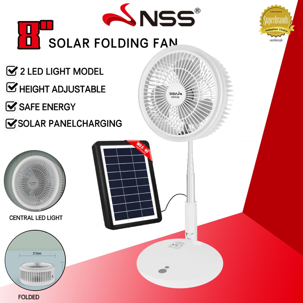 NSS 8" Foldable Desk LED Fan Solar Electric Fan Rechargeable Mini Table ...