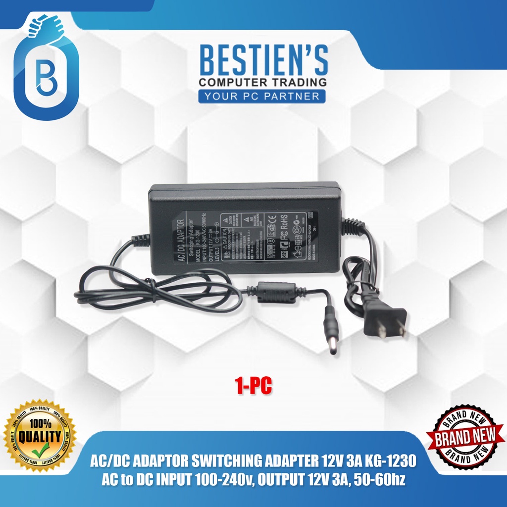 AC/DC ADAPTOR SWITCHING ADAPTER 12V 3A KG-1230, AC to DC INPUT 100-240v ...