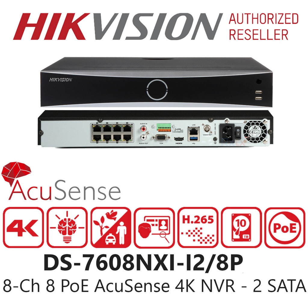 Hikvision AcuSense DS-7608NXI-K2/8P 8-Channel 12MP NVR 8-ch PoE 1U K Series AcuSense 4K NVR ...