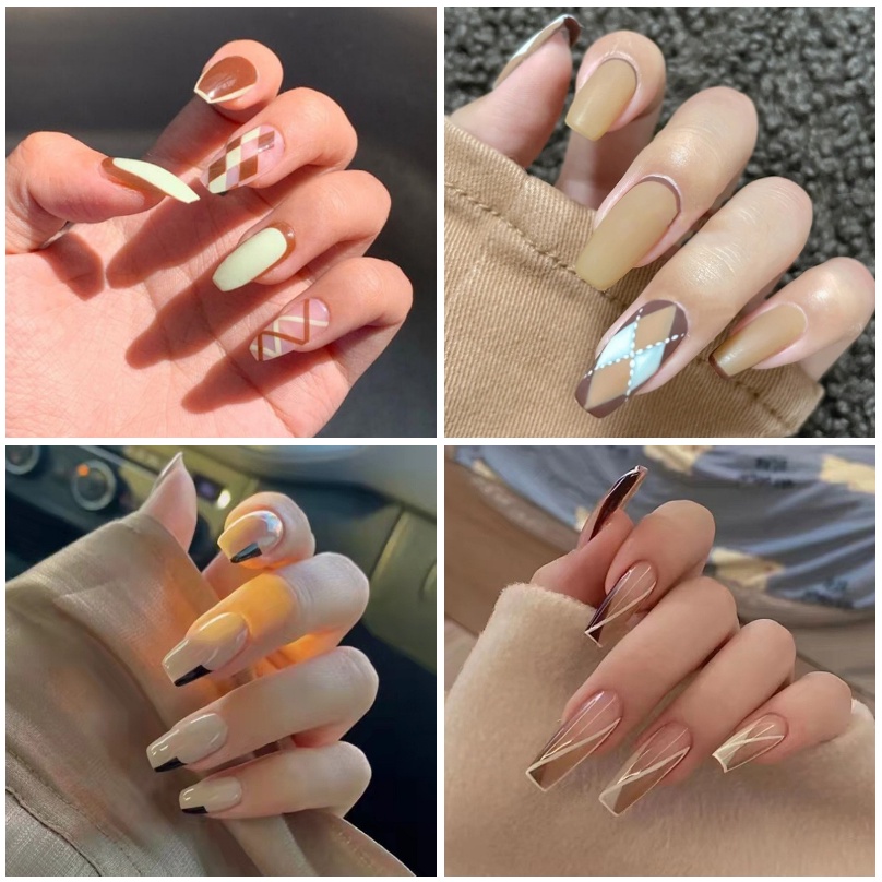 2024 Trend 24 pcs fake nail set with glue French retro checkerboard ...