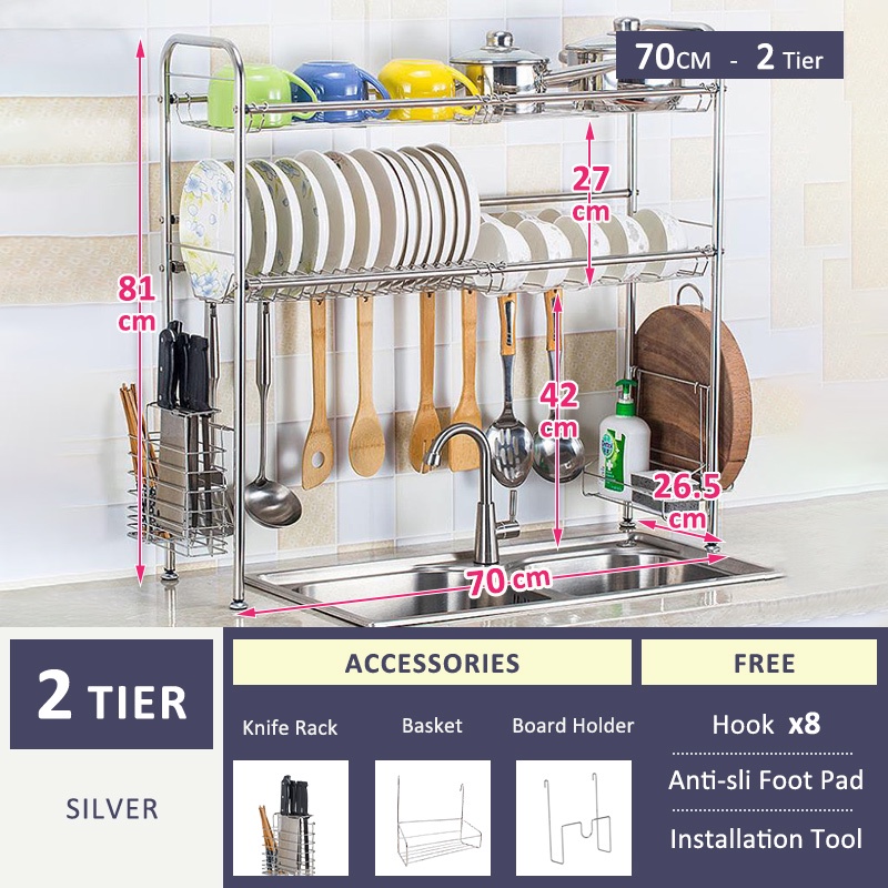 GSlife Stainless Steel Sink Shelf Rack 1/2 layer 60/80/90/100/120cm ...