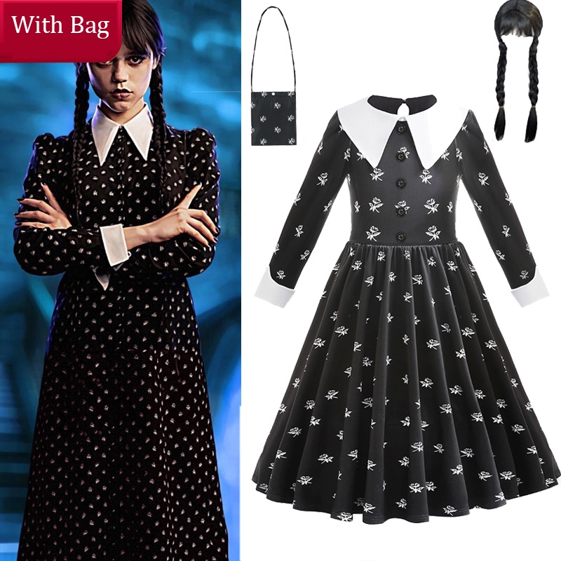 Girls' cosplay Wednesday Adams Black Dress +Bag Floral Vestidos baju ...