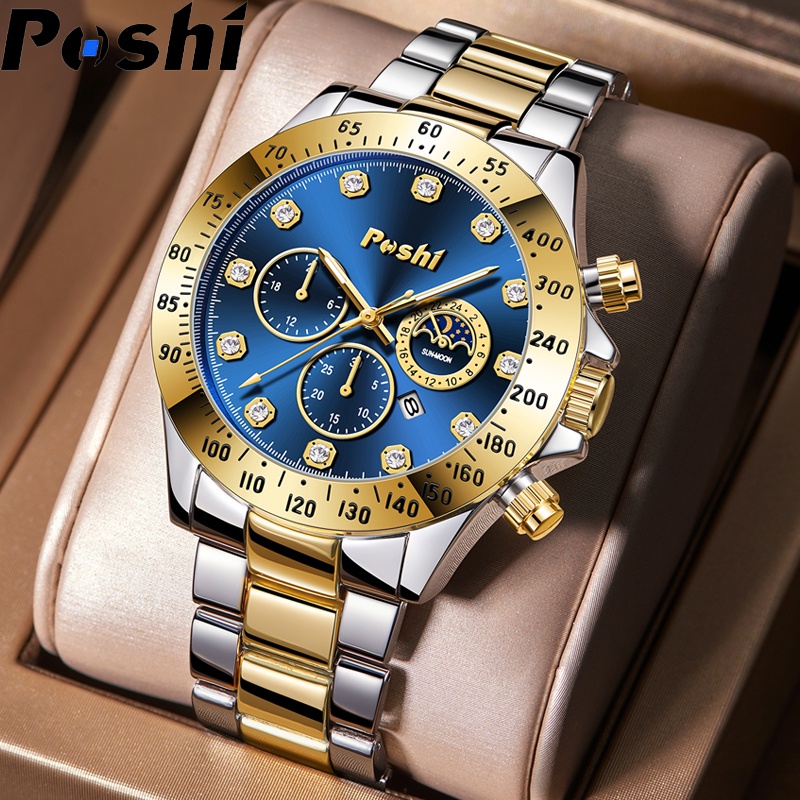 POSHI Calendar Watch For Men Waterproof Diving Steel Belt Sport Quartz ...