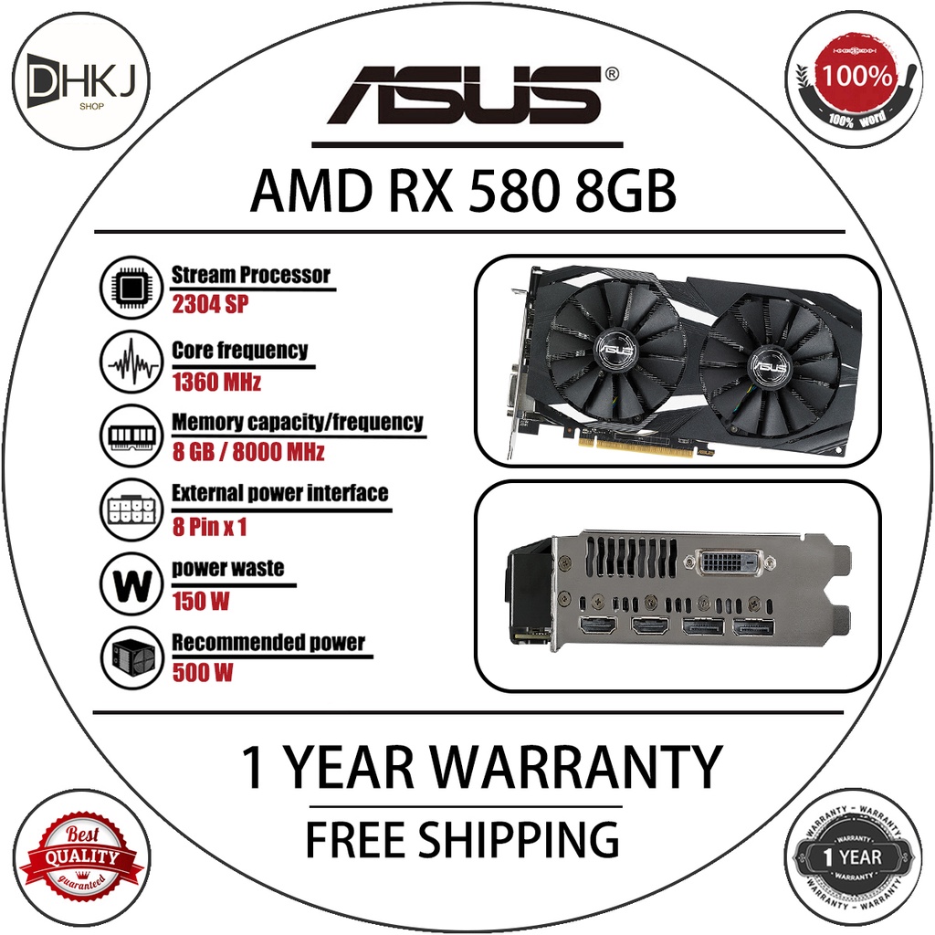 AMD RX 580 8GB Graphics Cards GDDR5 256bit Gaming Video Card DirectX 12 Desktop Computer GPU DVI ...