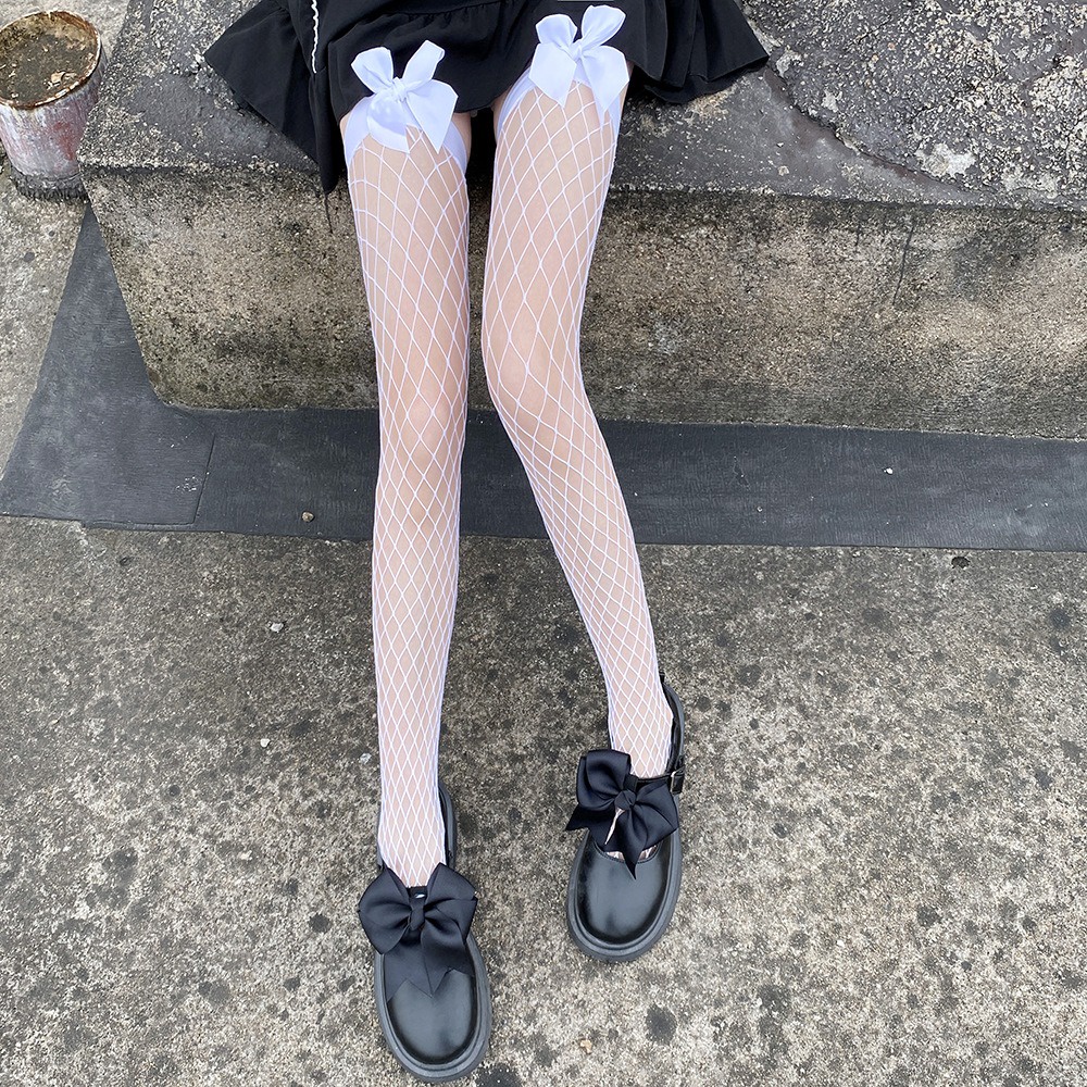 YFGSC-17102 Ribbon Fishnet Stocking JK Style Black White Over Knee Thin ...