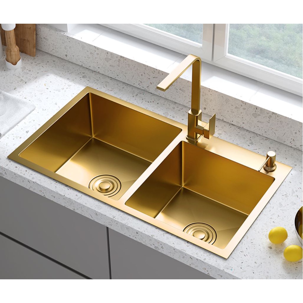 Complete Set Double Tub Kitchen Sink Gold Brushed Nano Tech 304 ...