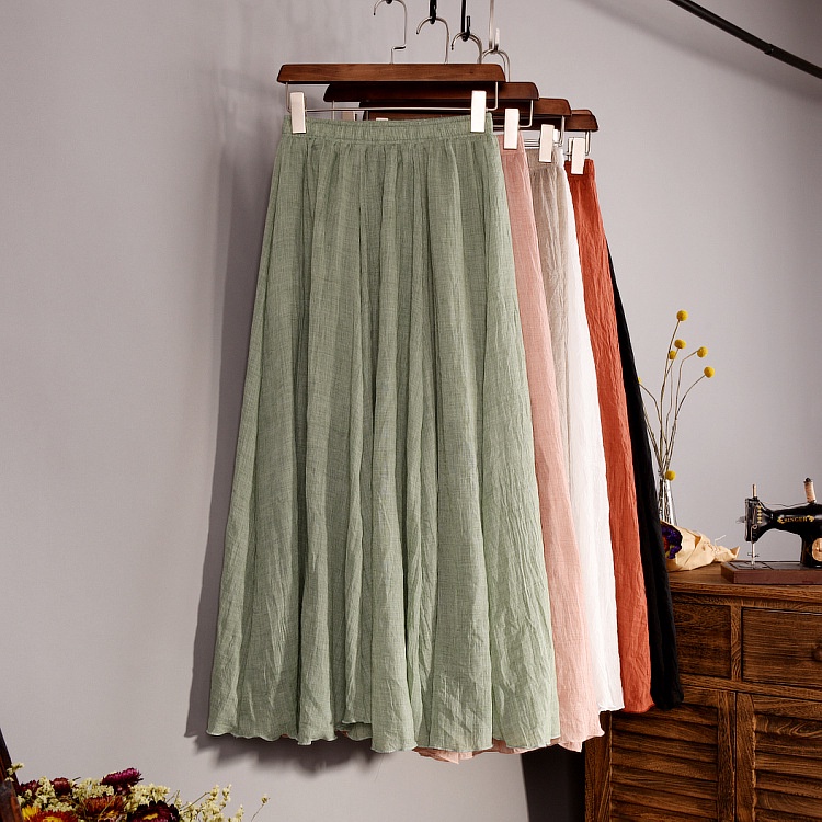 Cotton Linen Maxi Skirt Women Spring Summer Elastic Waist Vintage Solid ...