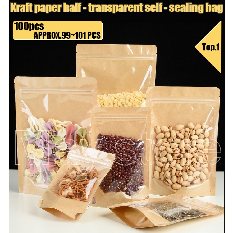 100PCS kraft paper pouch half transparent stand up pouch ziplock for ...
