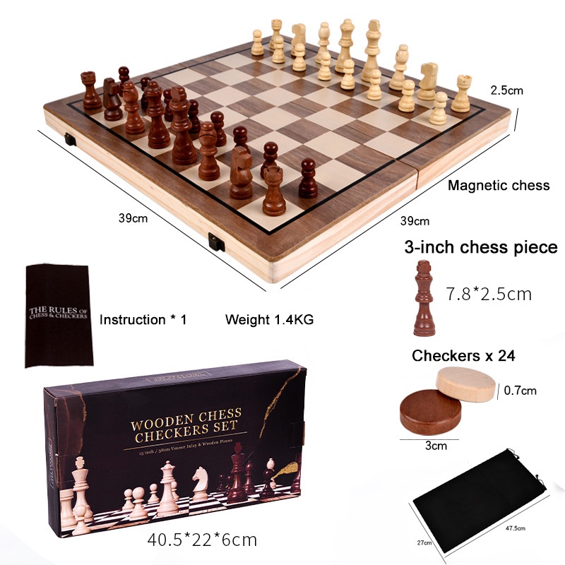 Magnetic Wooden Chessboard 2 In 1 Chess Checker Set Folding Board Chess ...