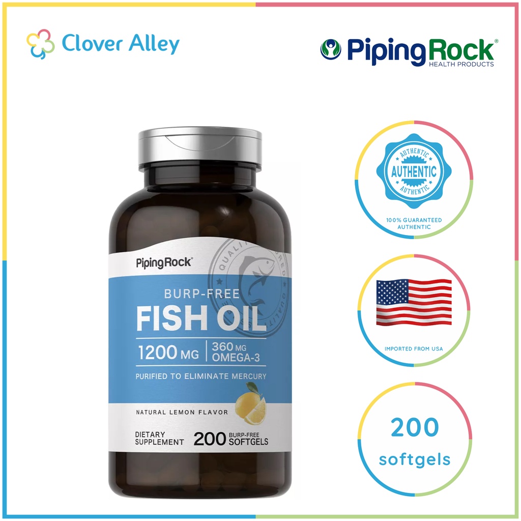 Pipingrock Burp Free Coated Omega-3 Fish Oil, 1200mg, 200 Burp-Free ...