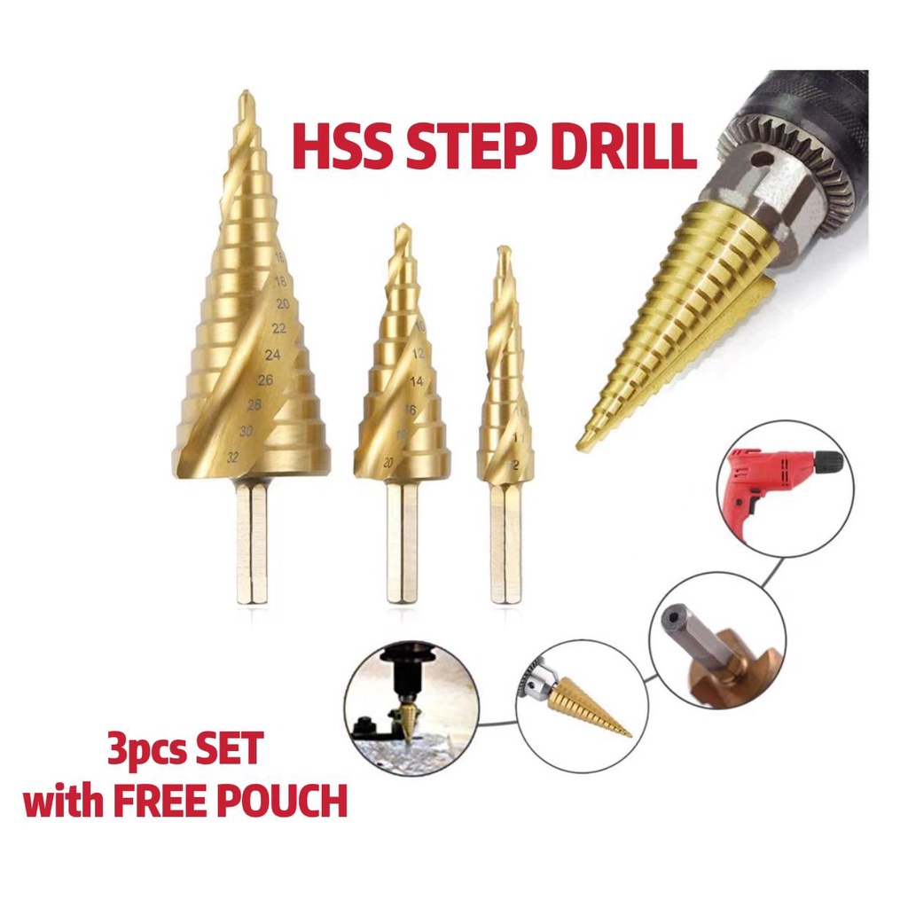 3pcs HSS STEP DRILL BIT CONE SET Automatic Center Punch | Shopee Philippines