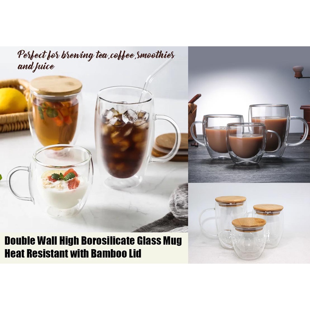 Double Wall Borosiicate Glass Mug with Handle & Bamboo Cover 250ml, 350ml, 450ml | Shopee ...