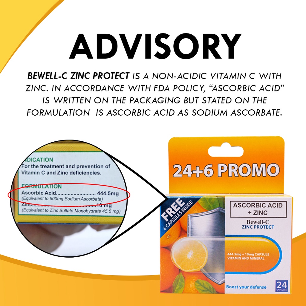 Bewell-C Zinc Protect Ascorbic Acid plus Zinc 500mg/capsule, 24+6 Promo ...