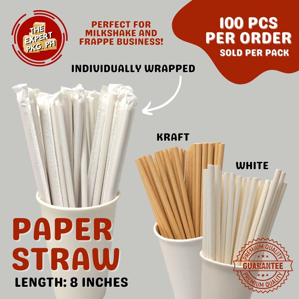 (100pcs) Paper Straw White / Kraft [6mmx8inches] Drinking Straw ...