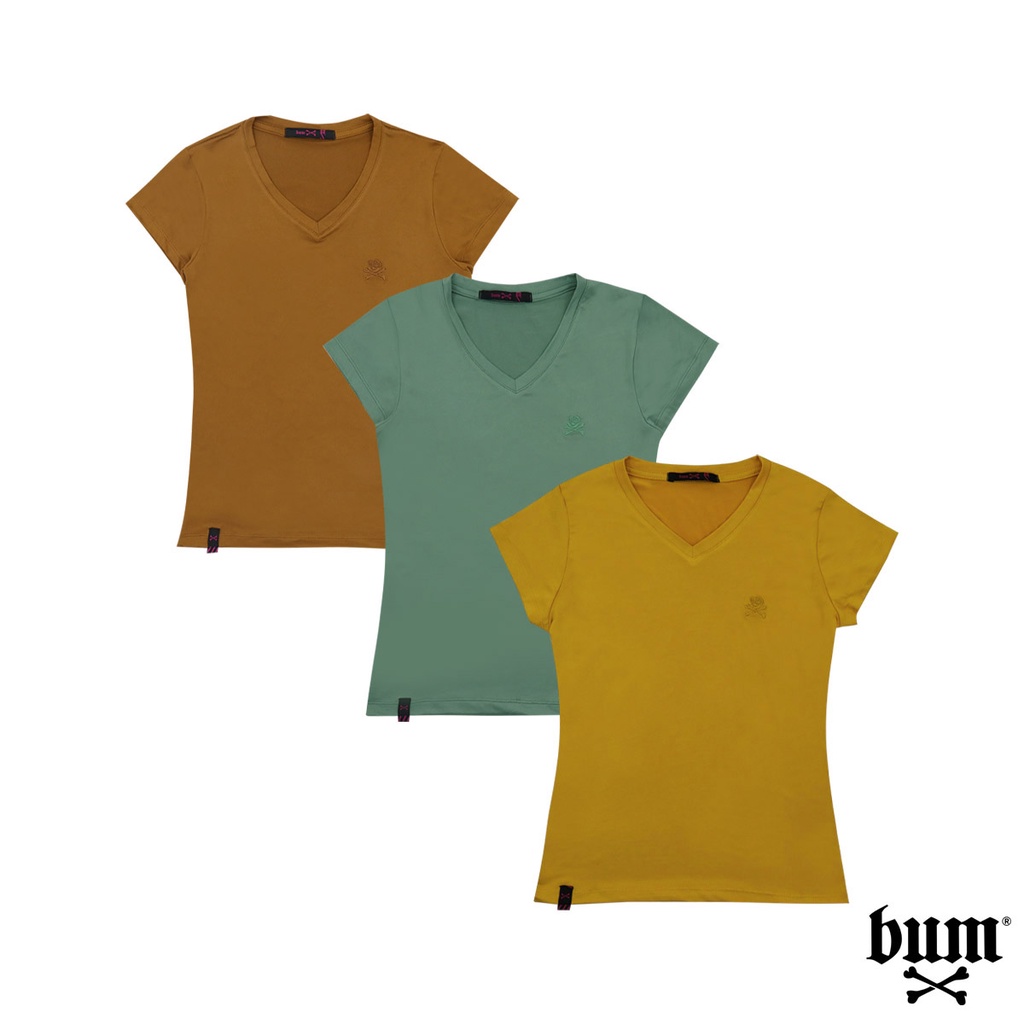 BUM Women's Clothing Tops V-Neck Cotton Plain T-Shirts Short Sleeves with Embroidery Logo Basic ...
