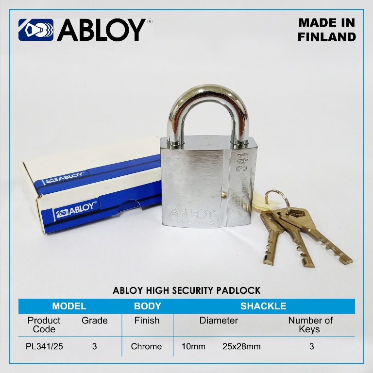 Abloy Padlock PL 341C/25 57mm Chrome Plated Brass Body Short Shackle ...