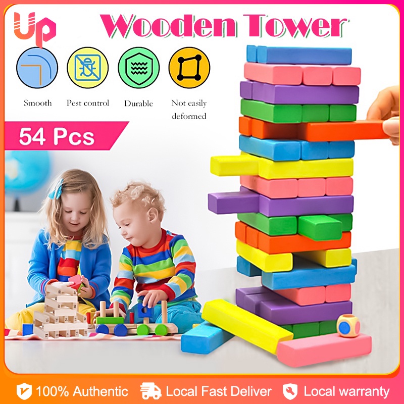 54Pcs Wooden Toy Building Blocks Stacking Tower Building Blocks Kids ...