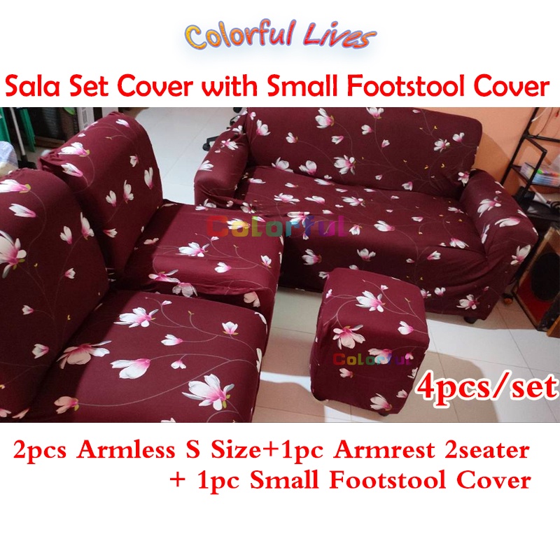 4in1 Sala Set Cover with Small Footstool Cover 2pcs Armless Single and ...