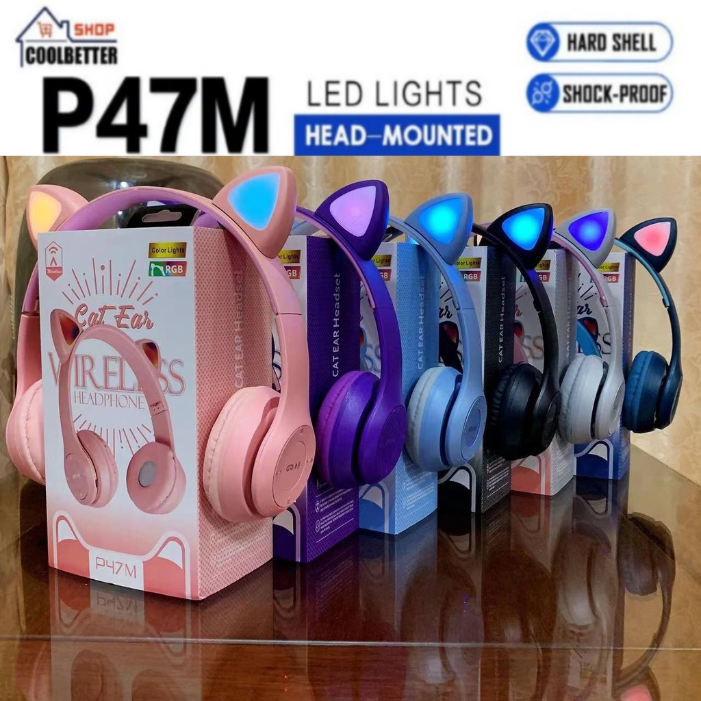 FASHION P47M 5.0 Bluetooth Headphones Cat Ear With Microphone LED Light ...