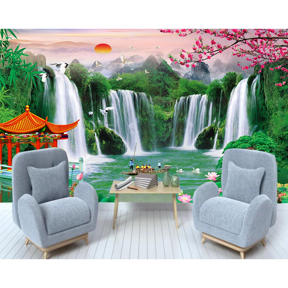 Customized 3D Flowing Water Rich Sunrise Chinese Landscape Waterfall ...