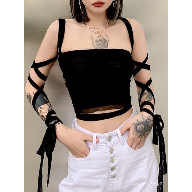 Black Mesh Lace Up Bandage Crop Top Fairy Grunge Aesthetic Clothes ...