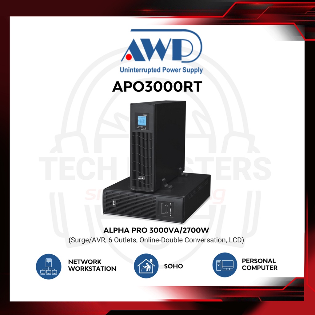 AWP ALPHA PRO APO3000RT, 3000VA/2700W with External Battery Pack, 8 ...