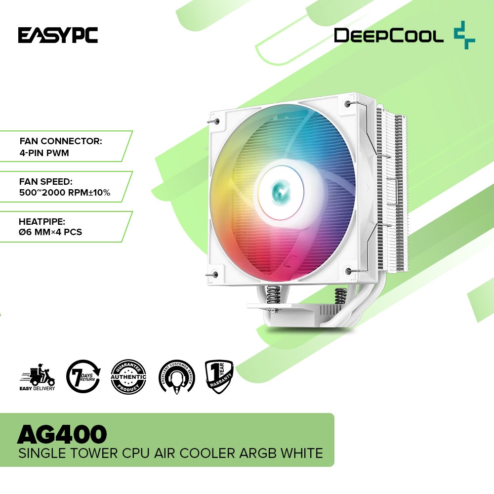 EasyPC | Deepcool AG400 Single Tower CPU Air Cooler ARGB White | Shopee ...