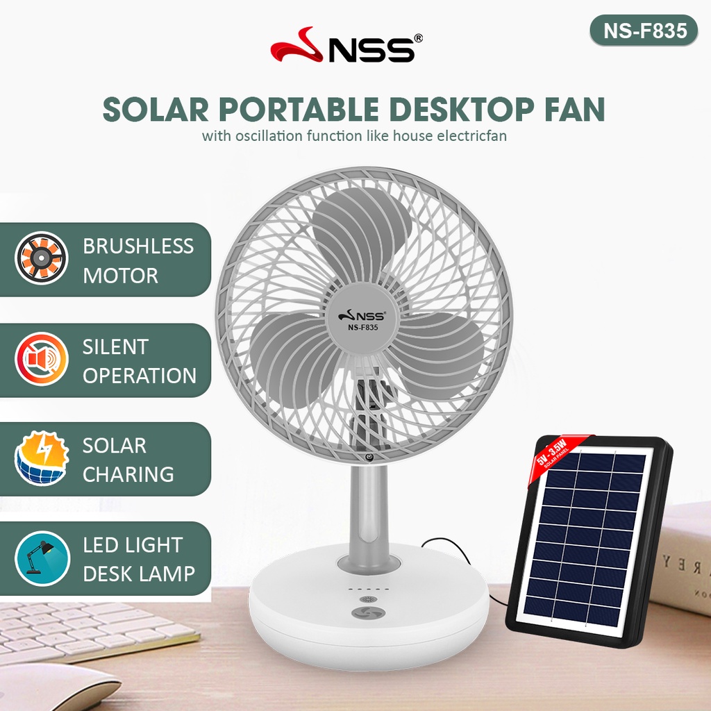 NSS 8" solar desk fan portable rechargeable fan with light portable ...