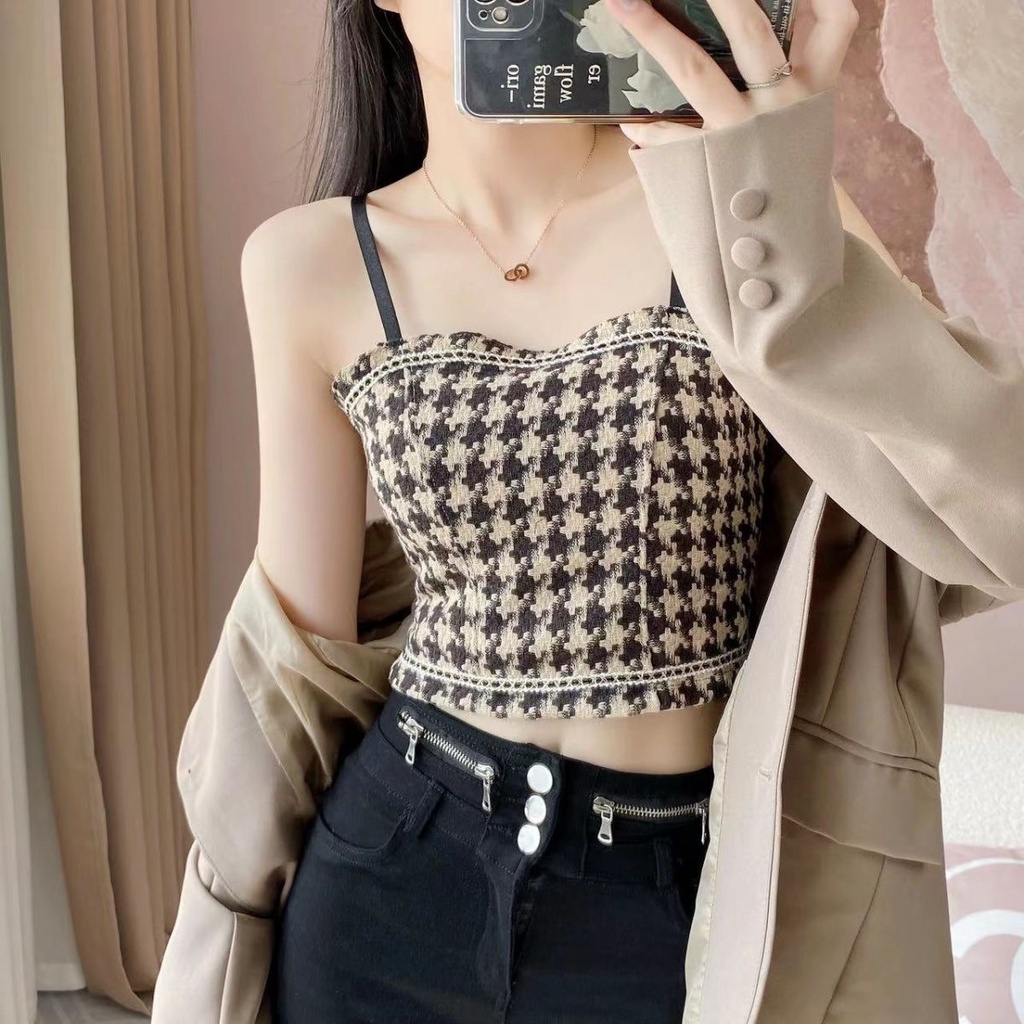 Diya Korean Style Camisole Knitted Plaid Slim Fit Cropped Navel Outer ...