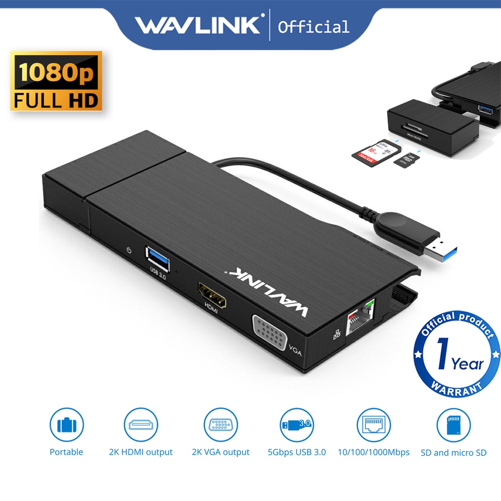 Wavlink USB 3.0 Full HD Travel Mini Dock with Displaylink SD and TF ...