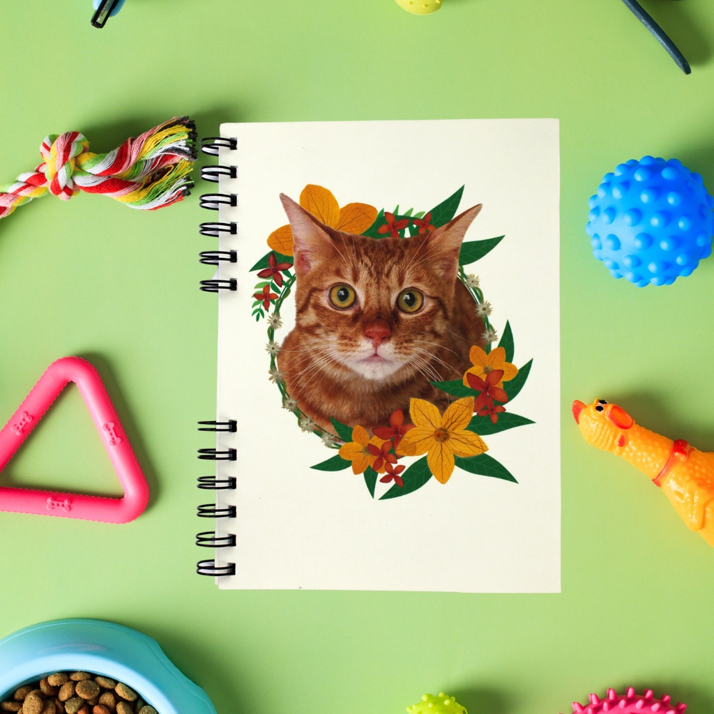 Notebook with Real Pressed Flower Artwork - PUSPIN CAT (White Lined 70 ...